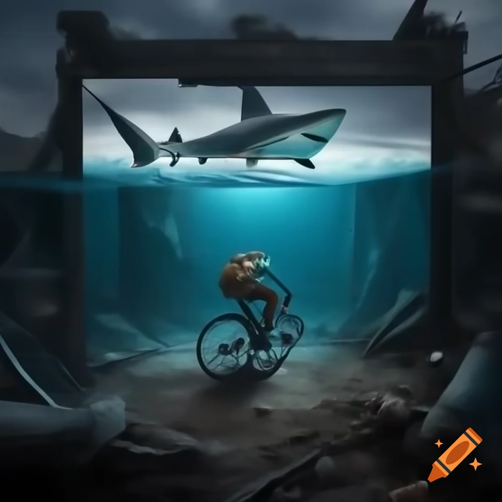 Ant riding a shark in post-apocalyptic landscape, imaginative scene on Craiyon
