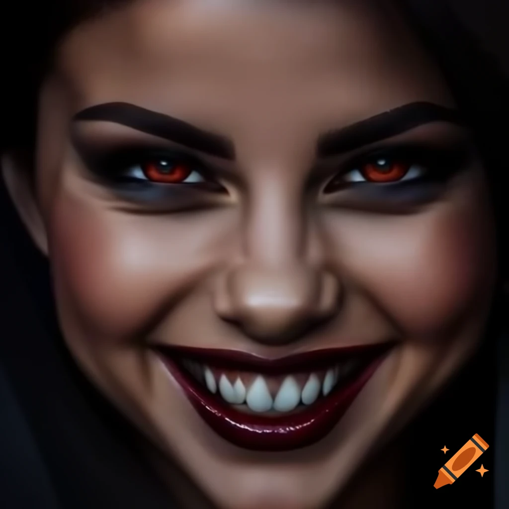 Close-up of female vampire with sharp teeth and symmetrical eyes ...