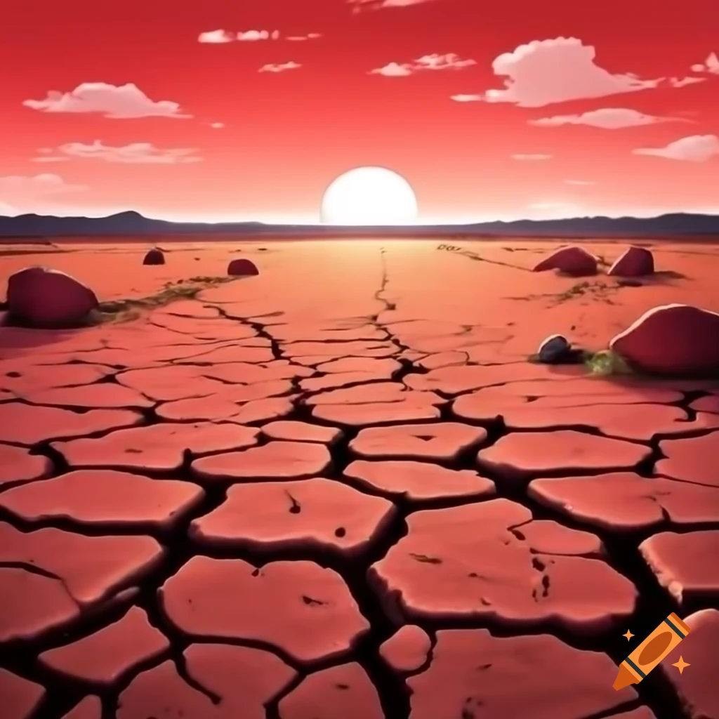 Cracked pink ground with rust red rocks under bright red sky on Craiyon