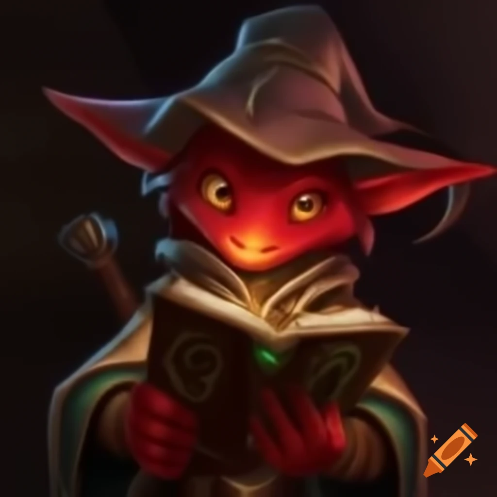Red kobold wizard holding spell book with glowing bronze eyes and ...