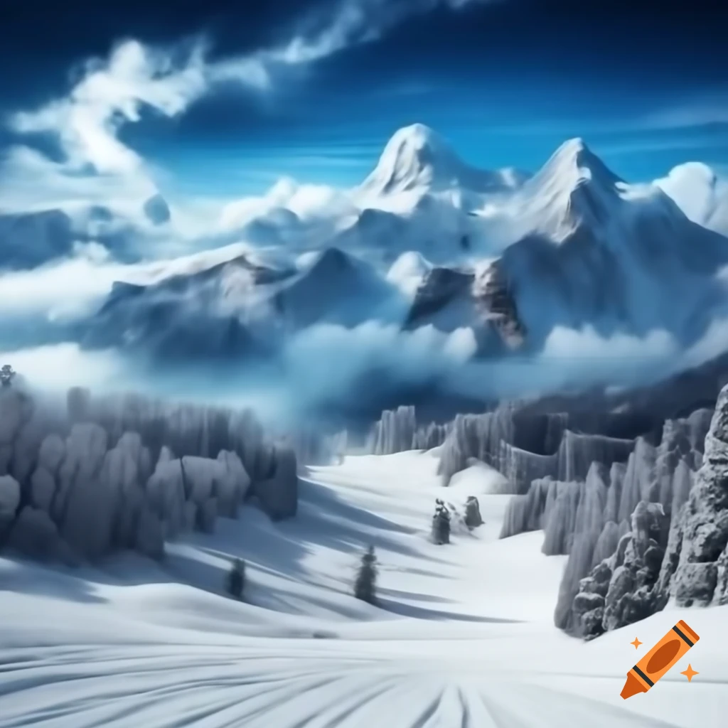 Snow covered alps mountains with storm clouds and avalanche, winter scene on Craiyon