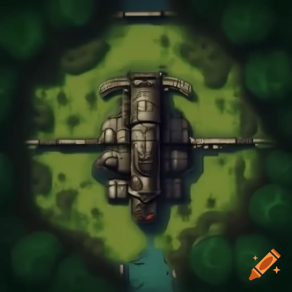 D&d style grid map of crashed spaceship in swampy environment, top-down ...