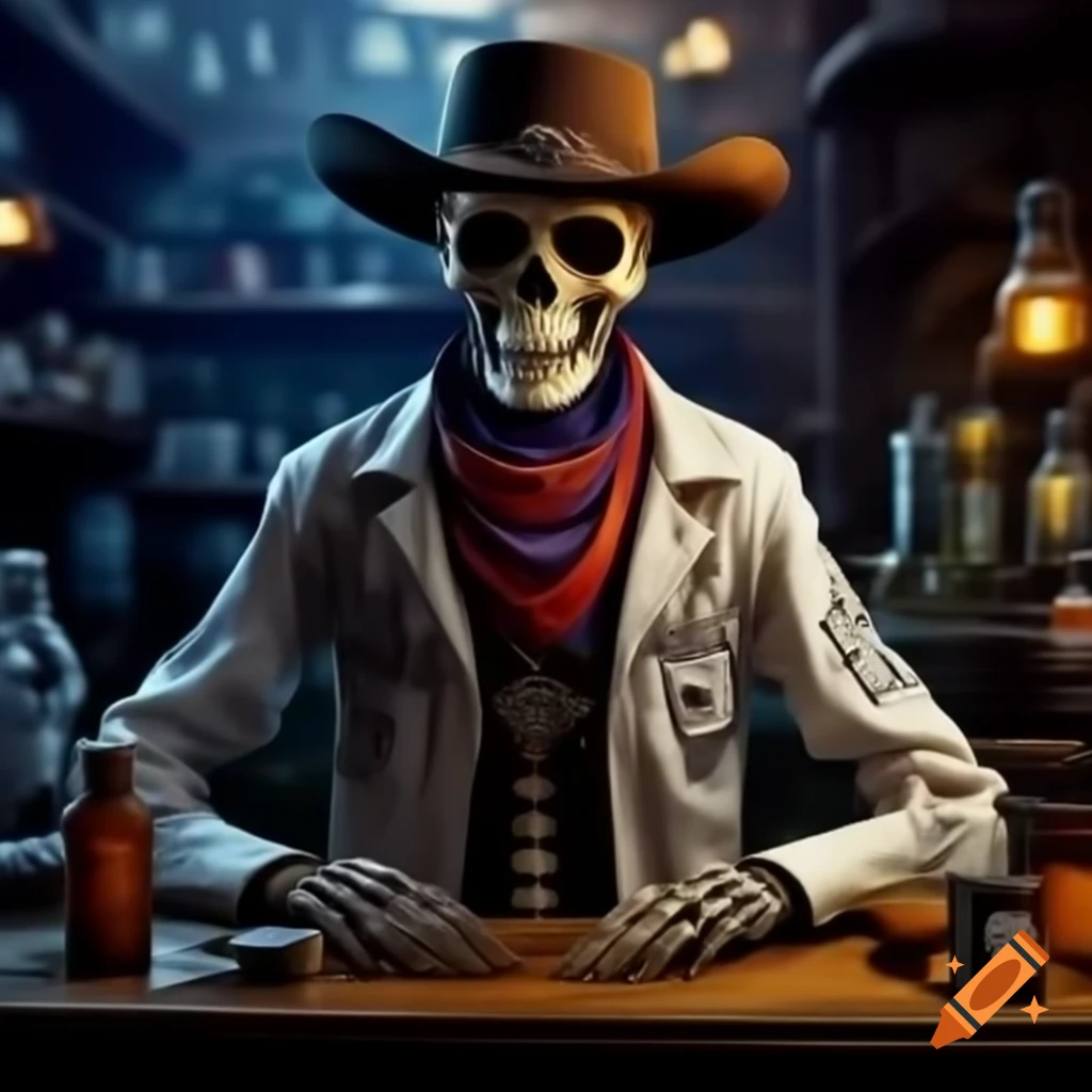 Spooky cowboy skeleton pharmacist dispensing medicine at apothecary on ...