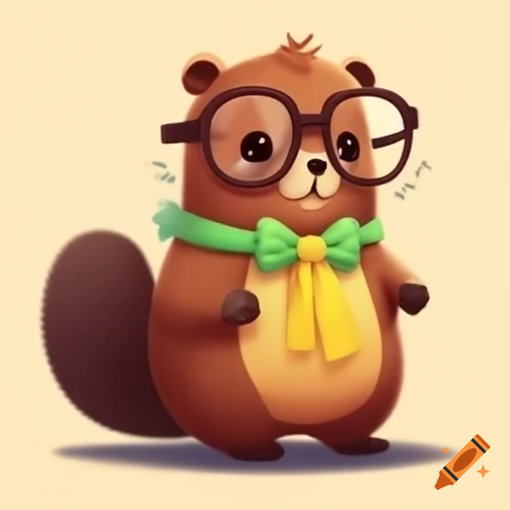 Cute chubby beaver wearing T-shirt, glasses, and yellow bowtie on Craiyon