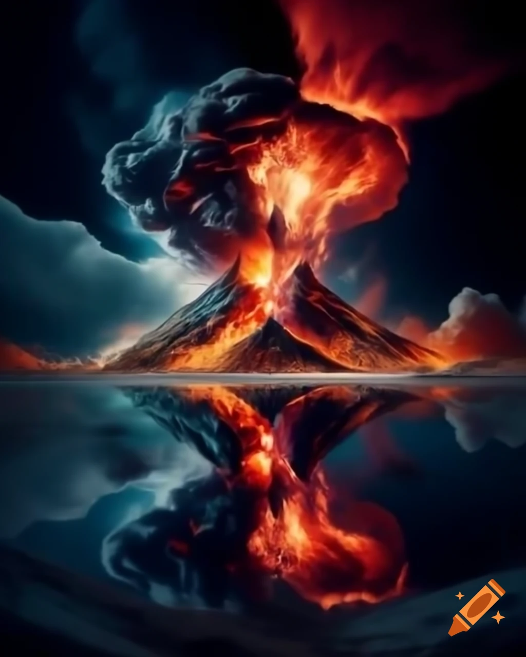 Volcanic eruption lighting up midnight sky with fireworks on Craiyon