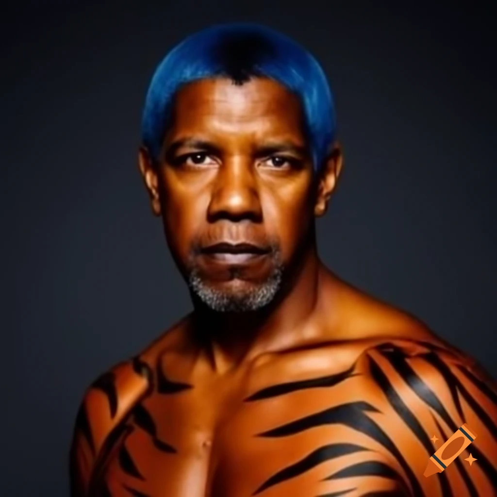 Muscular man with tiger makeup, blue hair, and black stripes on Craiyon