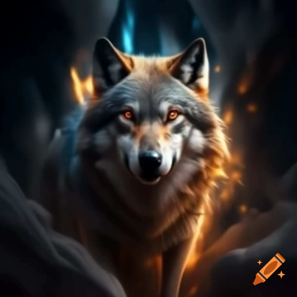 Majestic glowing wolf against mysterious canvas with golden rays on Craiyon