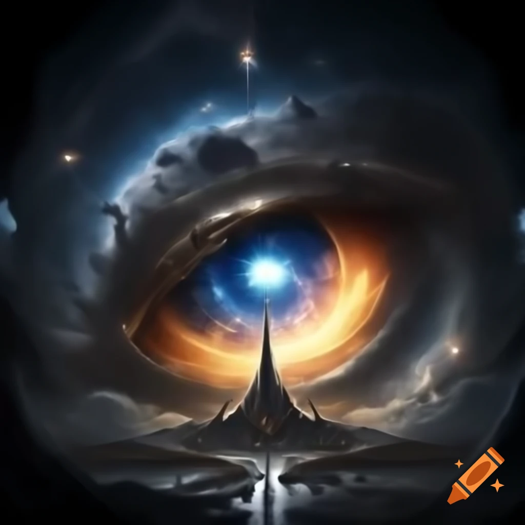 Colossal white eye in cosmic expanse with architectural spires and ...