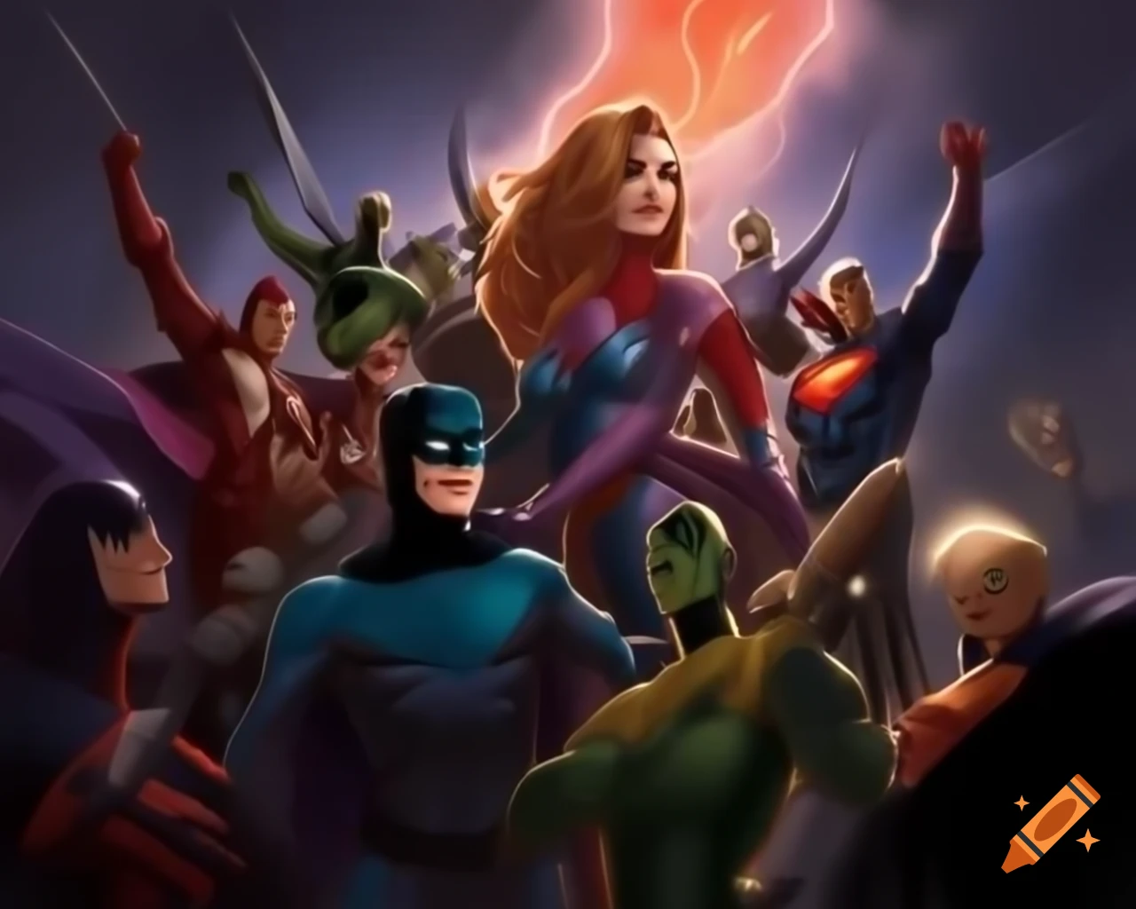 Classic comic depicting teamwork of 11 superheroes in cosmic stormy backdrop on Craiyon