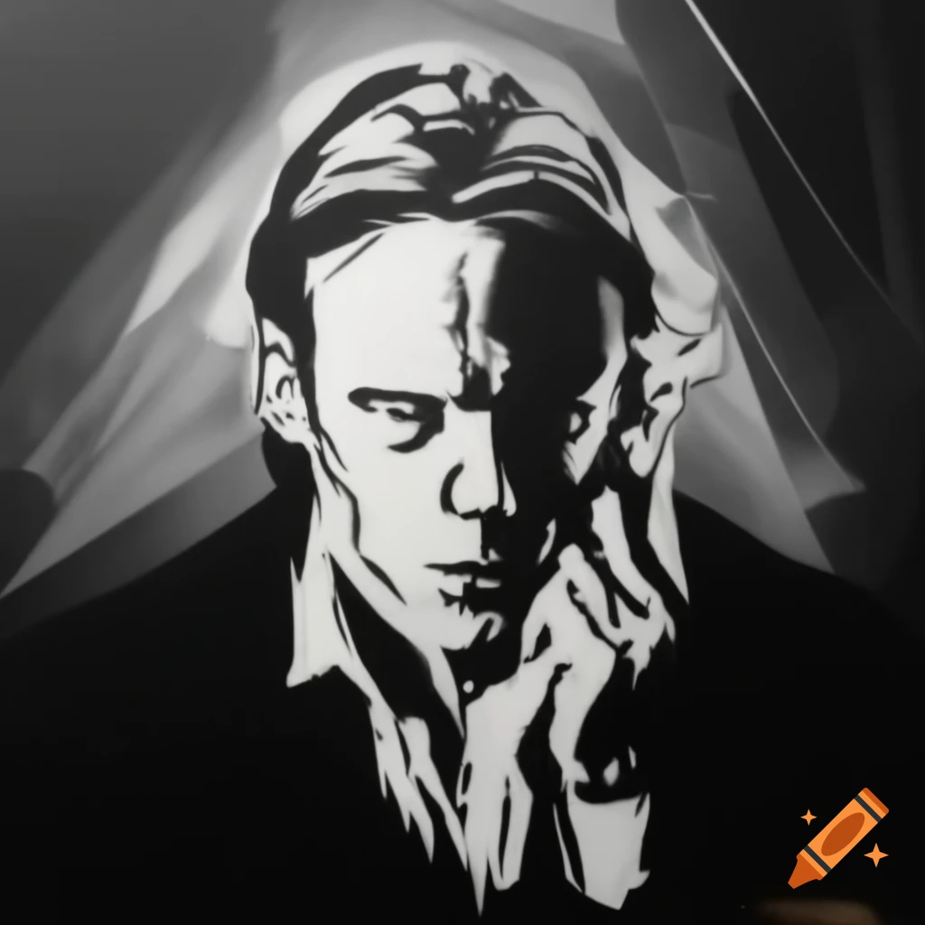 High contrast black and white geometric line drawing portrait on Craiyon