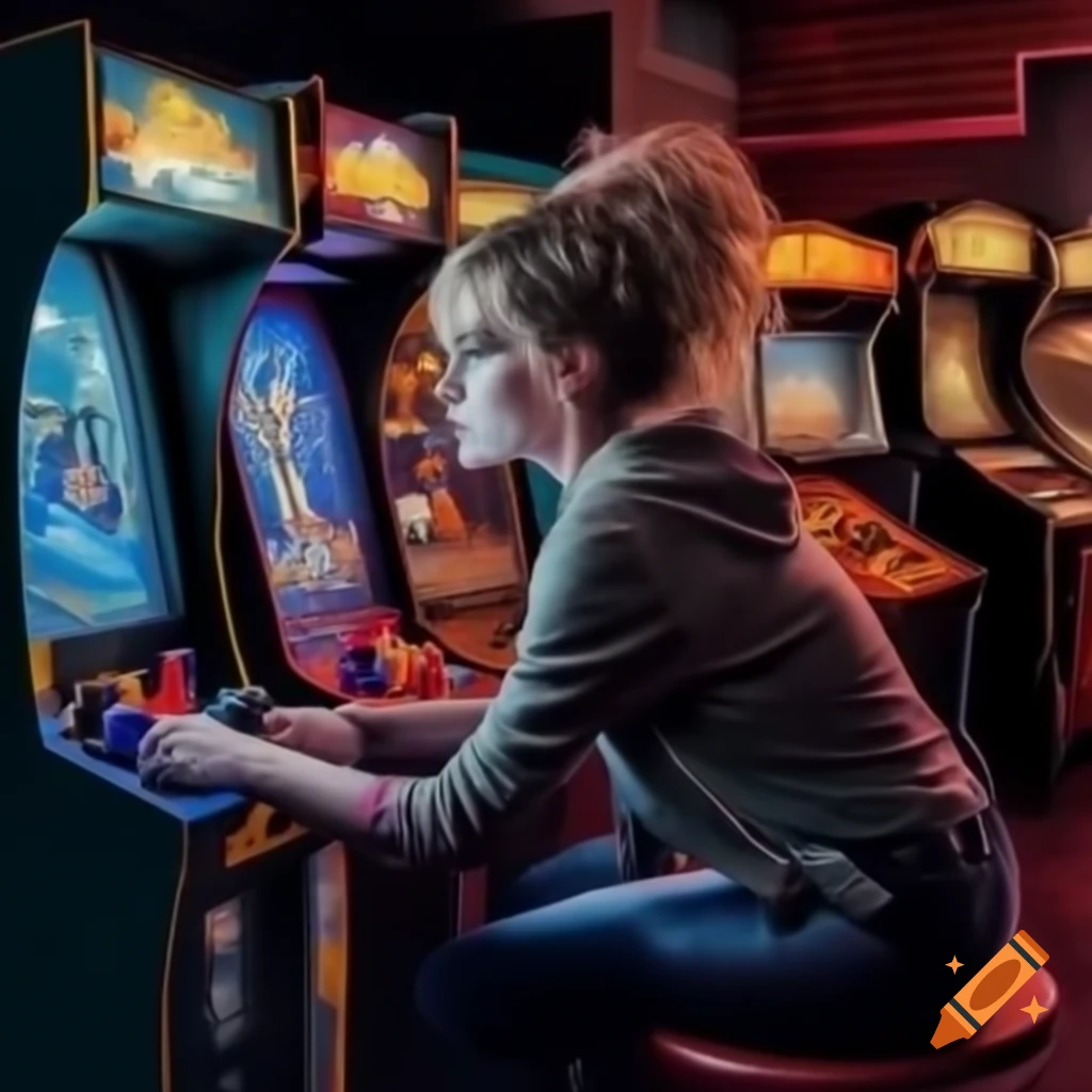Nas enjoying arcade games in a retro arcade setting on Craiyon
