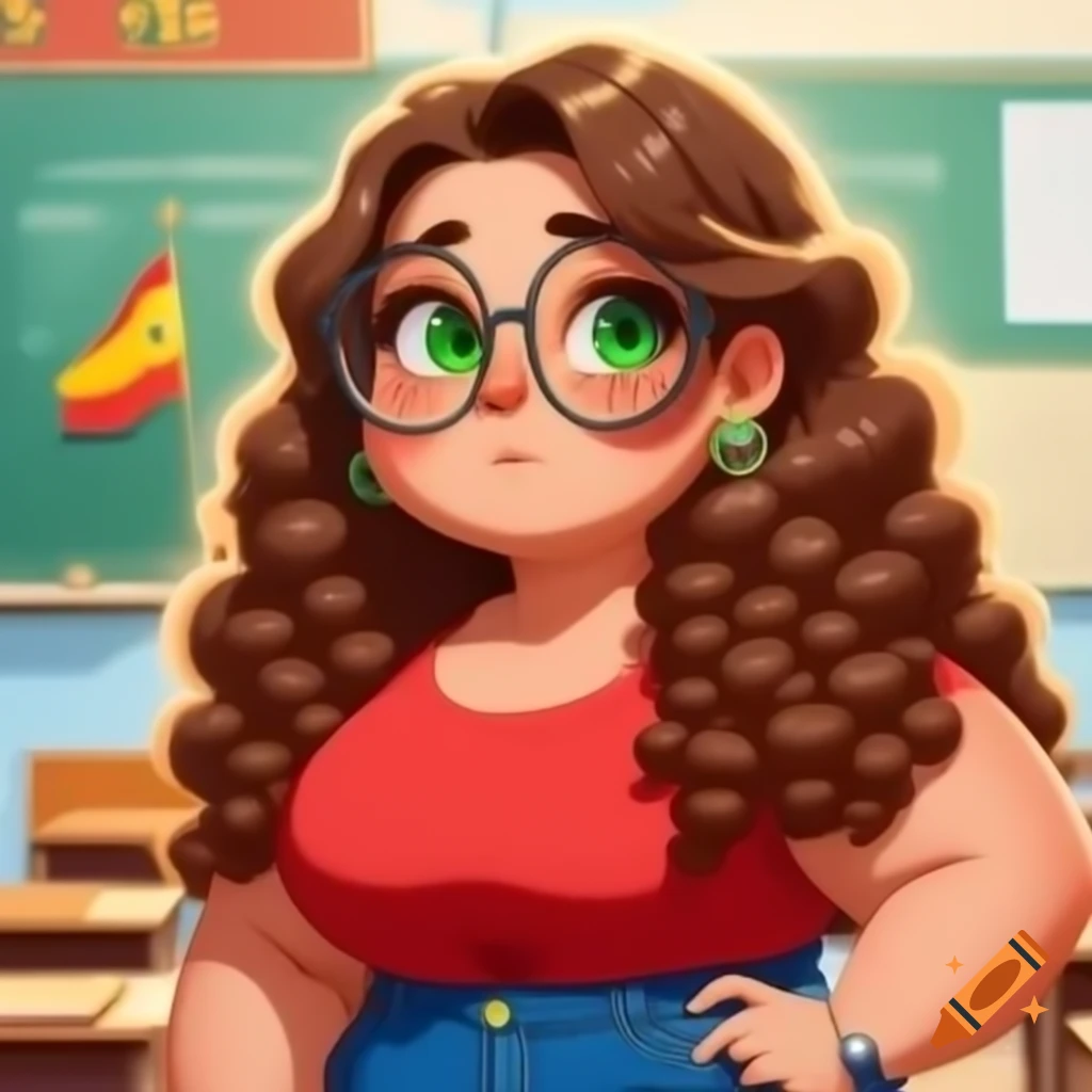 Cartoon teacher with brown curly hair and glasses in classroom setting ...