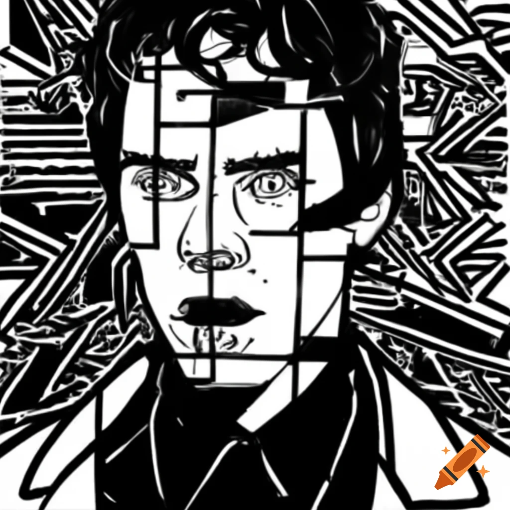 Stylized black and white line drawing portrait of a rugged model on Craiyon