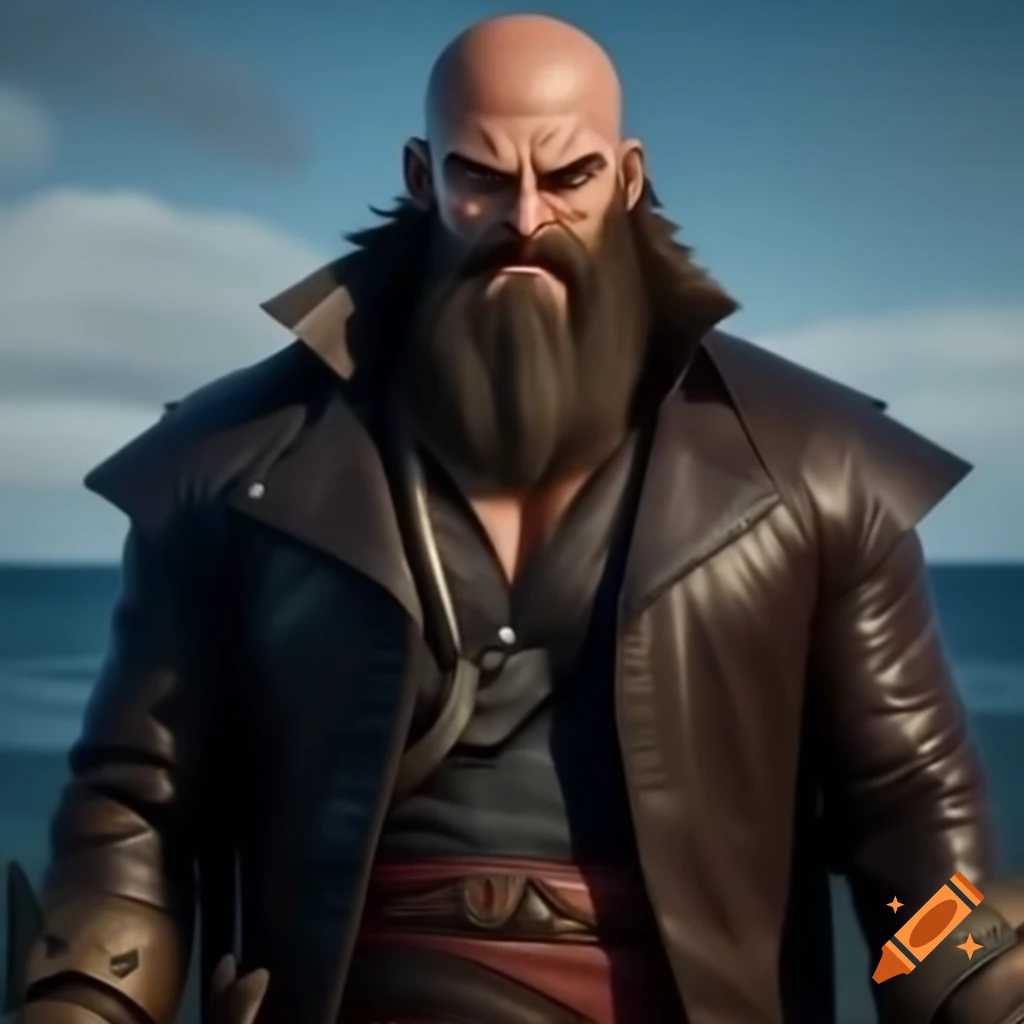 Pirate captain character tall and muscular, bald with long beard ...