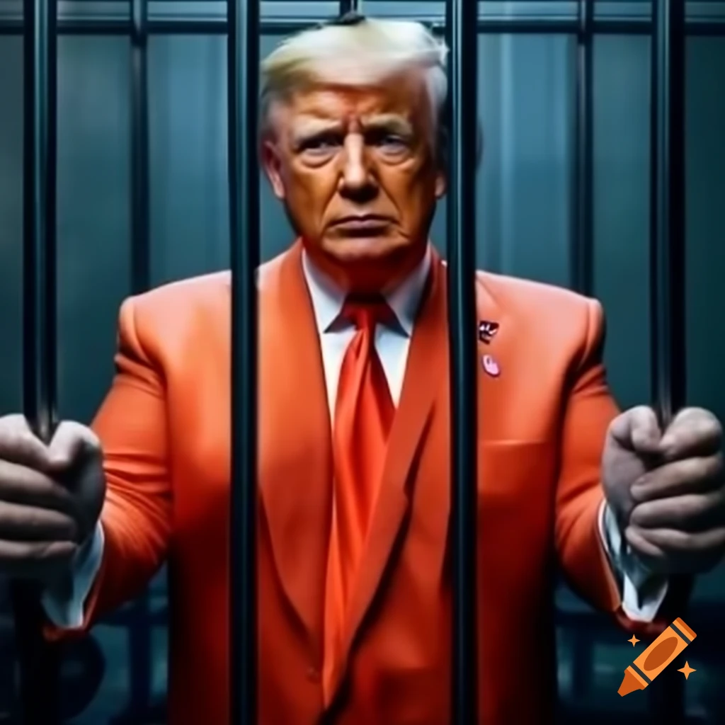 Political satire of elected President Trump in orange jumpsuit behind ...