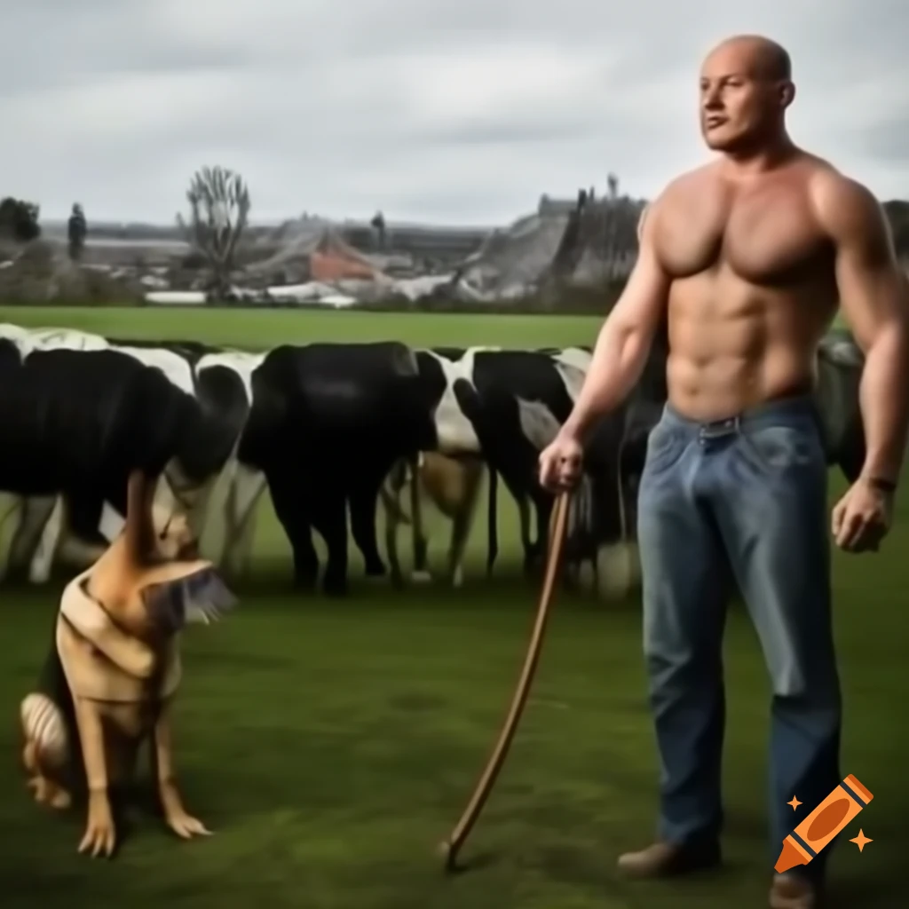 Muscular bald man mayor with cows and German Shepherd in rural setting ...