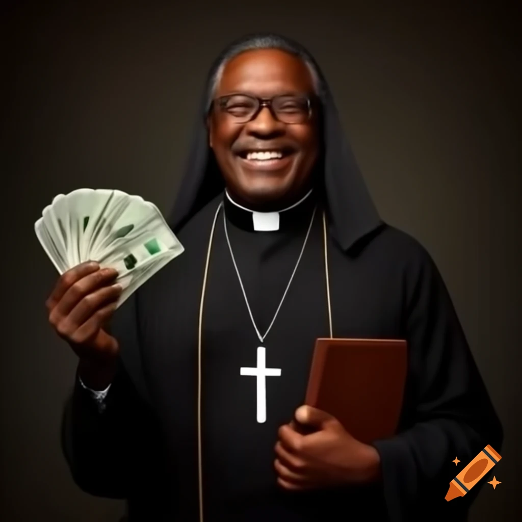 Preacher with a smile holding money and a Bible on Craiyon