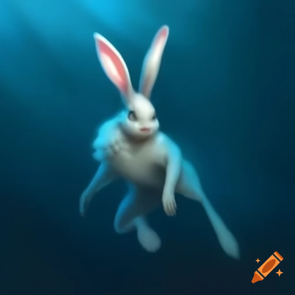 Rabbit-like creature swimming in murky ocean depths on Craiyon