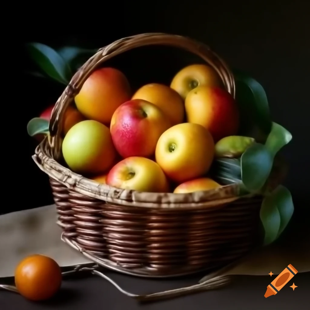 Pixelated basket filled with apples and oranges on Craiyon