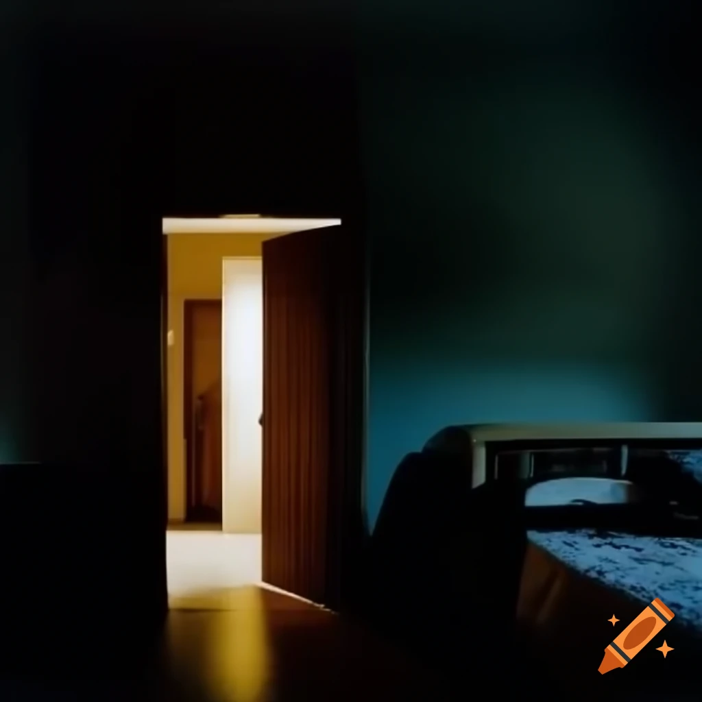 Dimly lit bedroom with mysterious atmosphere and close-up of creaking ...