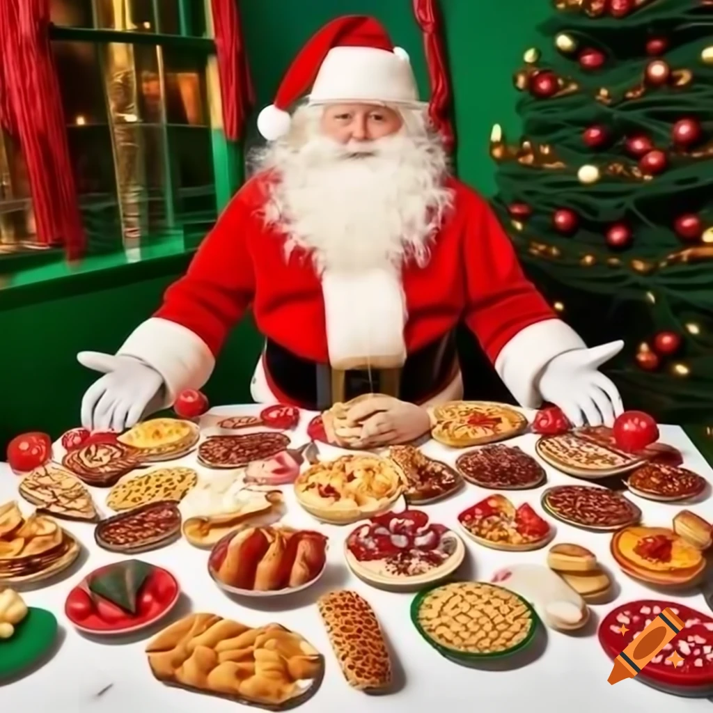 Santa Claus surrounded by colorful holiday sweets and desserts on Craiyon