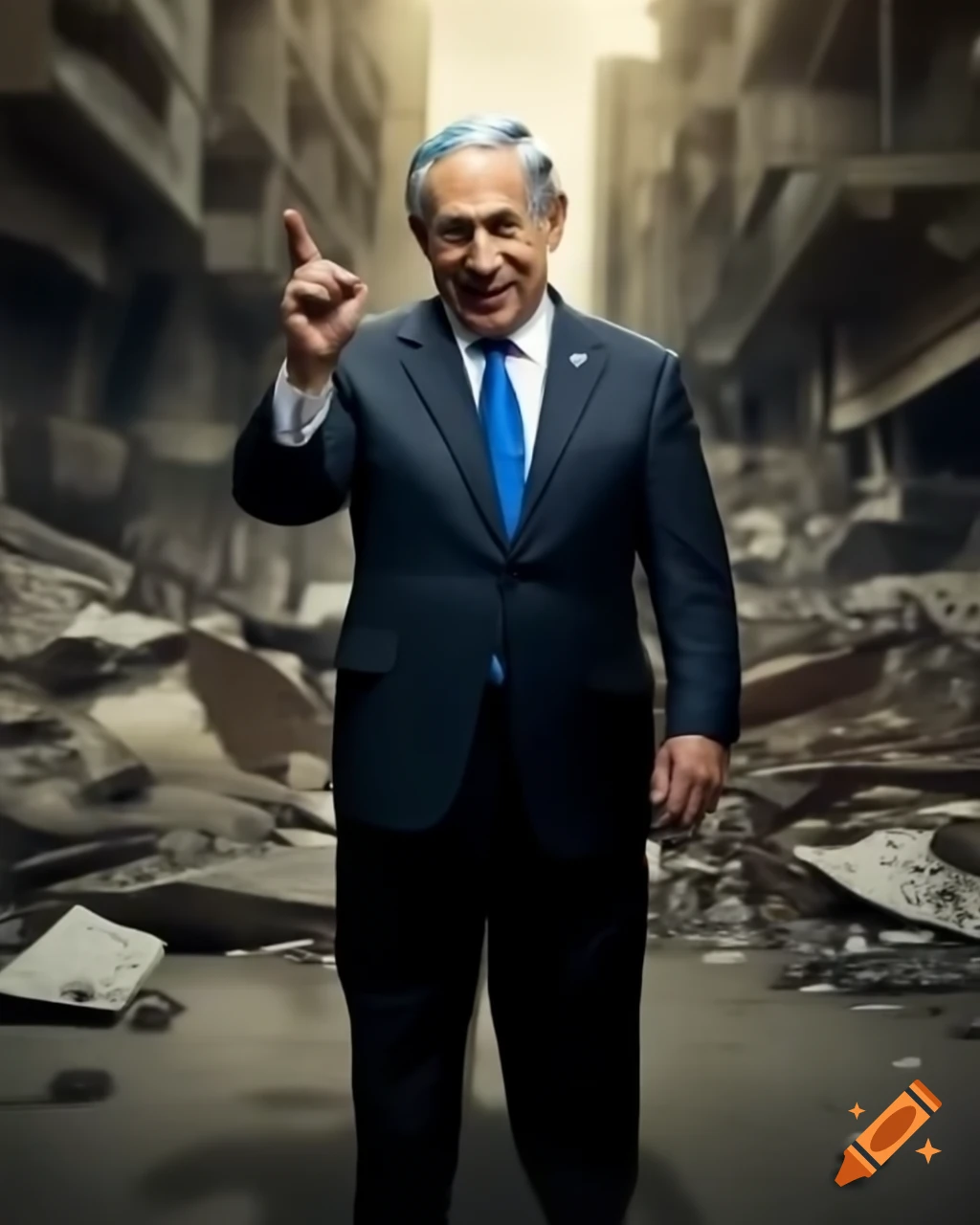 Political figure in war torn city laughing with raised arm salute on ...