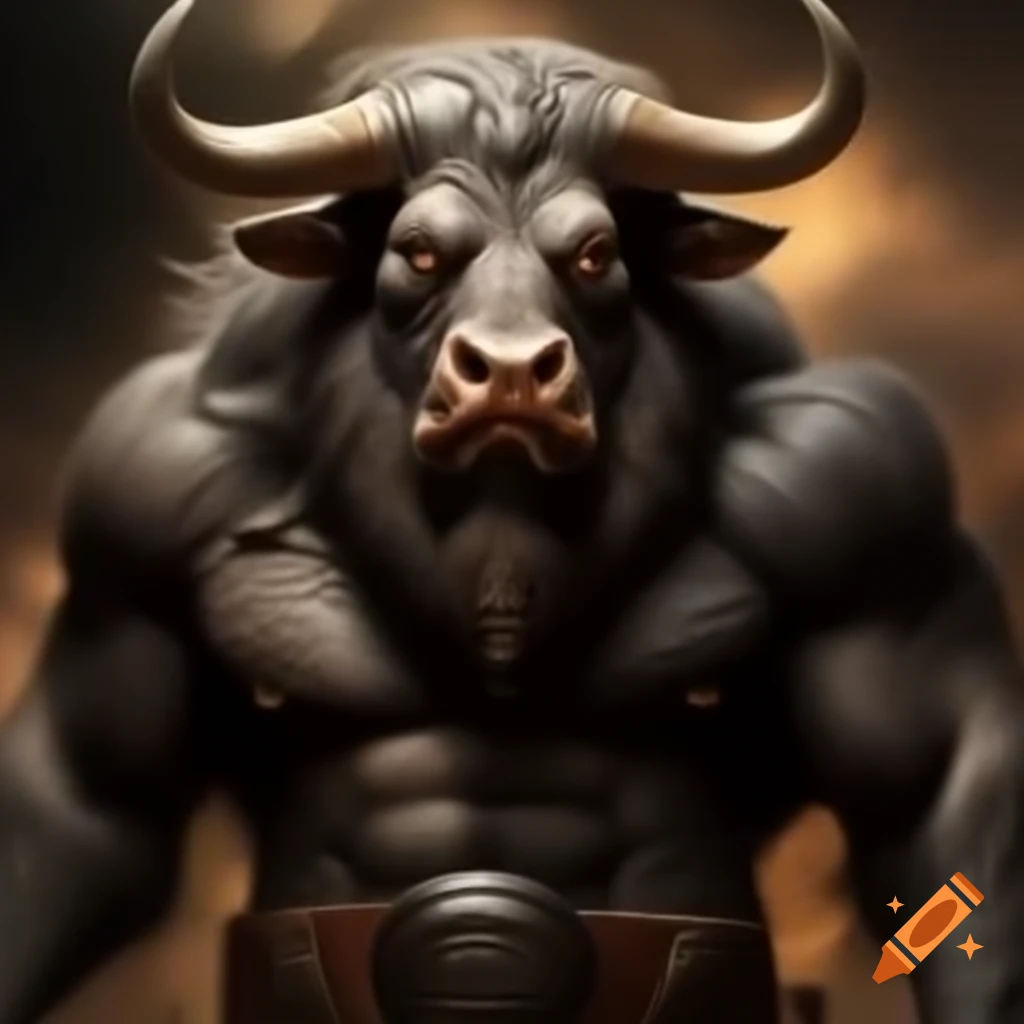 Minotaur with four black horns and long beard, standing proudly on Craiyon
