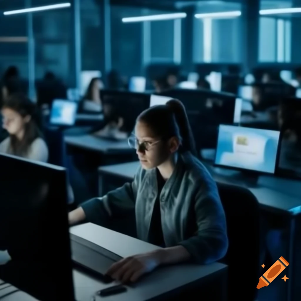 Students engaged in digital learning with bright computer screens in a ...