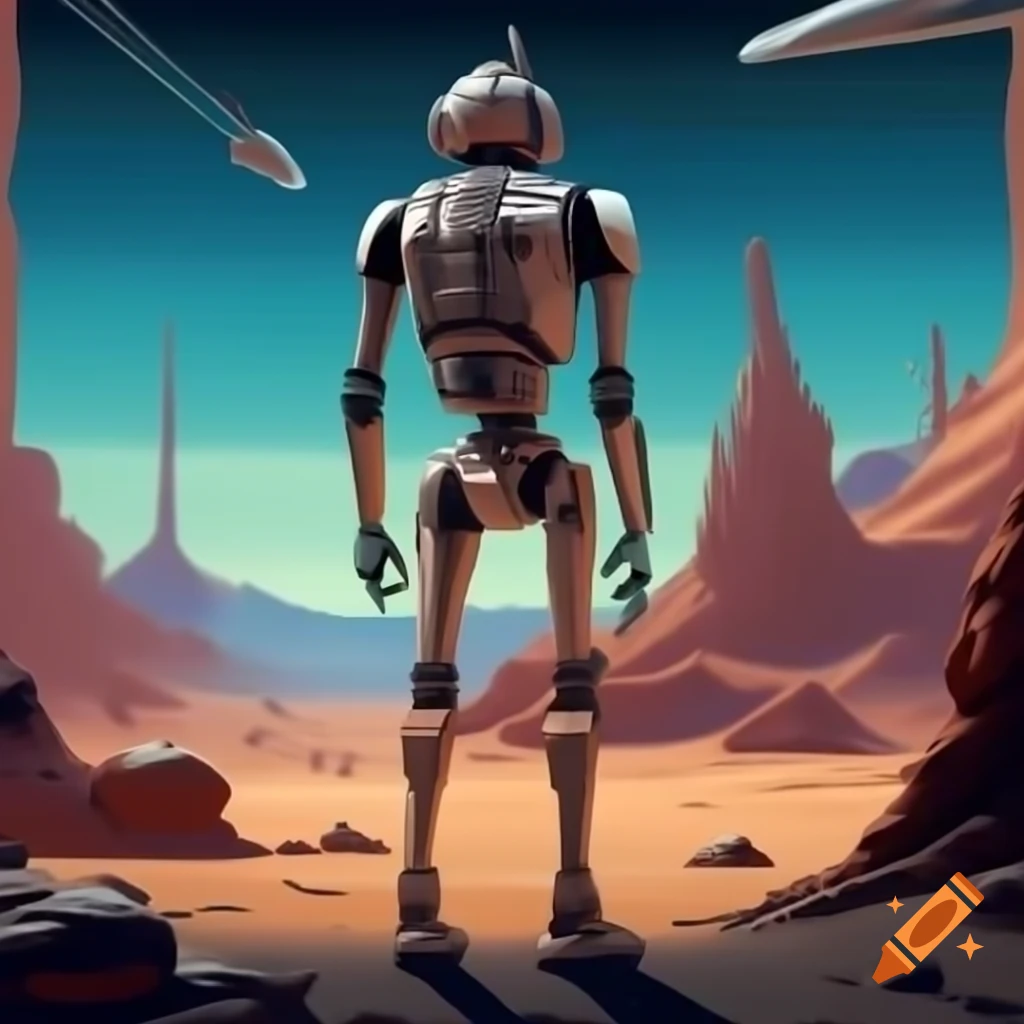 Star Wars protocol droid looking at horizon, rotated view on Craiyon