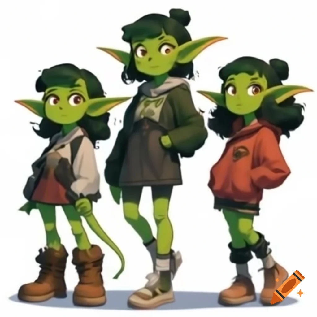 Three anime green-skinned goblin girls in stylish clothes posing ...