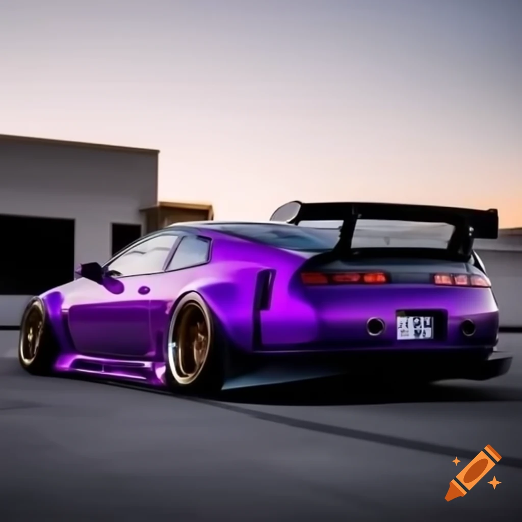 Purple Nissan 300ZX with widebody kit and aftermarket wheels on Craiyon