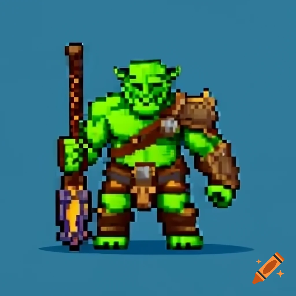 Orc warrior with two-handed weapon in pixel art style on Craiyon