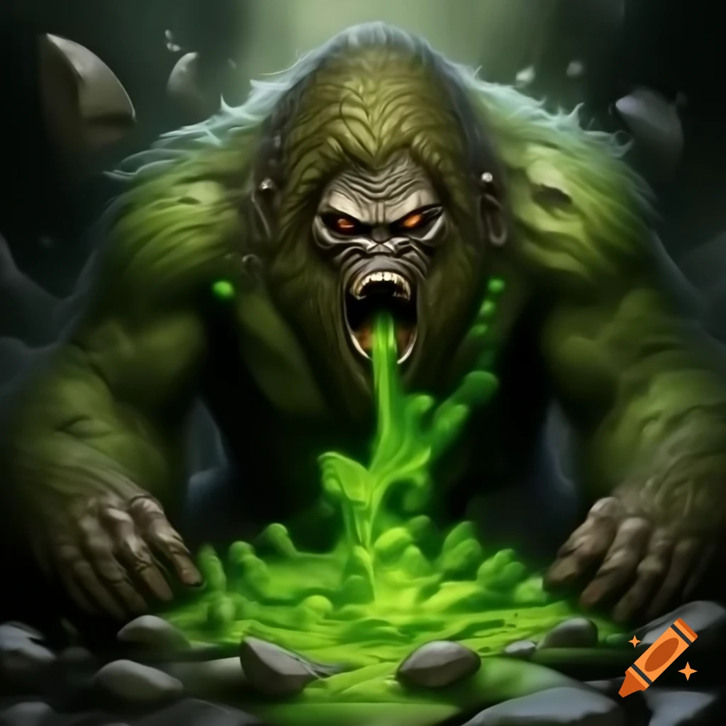 Realistic art of an angry mutated bigfoot with glowing eyes eating radioactive sludge on Craiyon