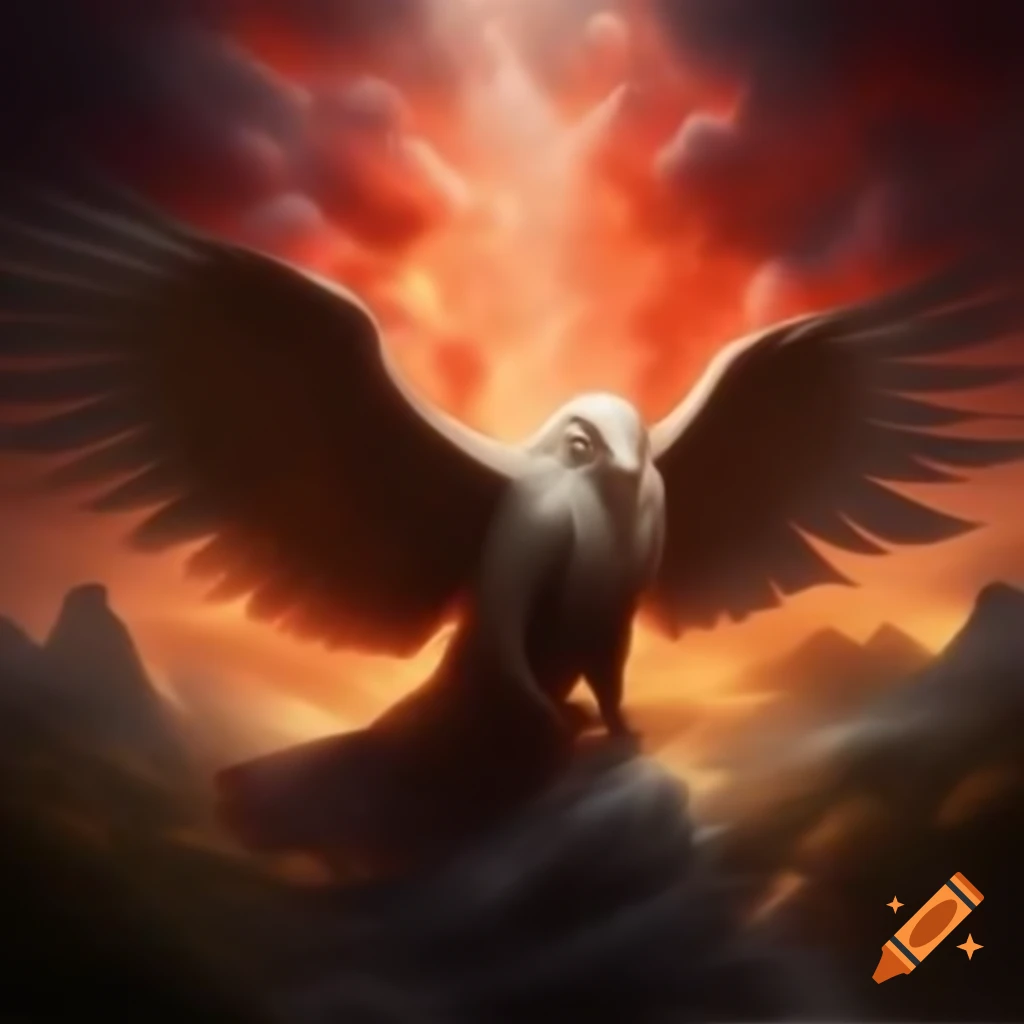 Divine bird with radiant eyes and majestic wings amidst crimson clouds ...