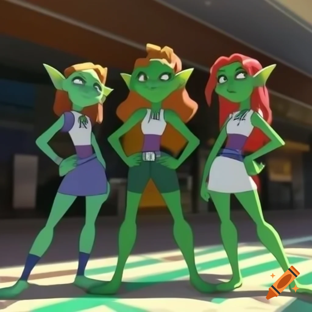 Three anime goblin girls in stylish clothes striking confident poses in ...
