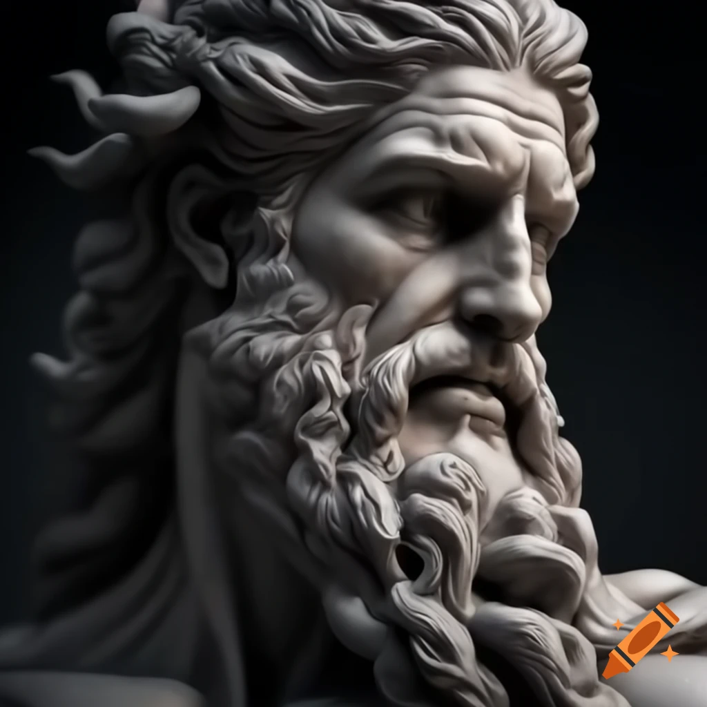 Highly detailed realistic bust of Poseidon in black and gray tones on ...