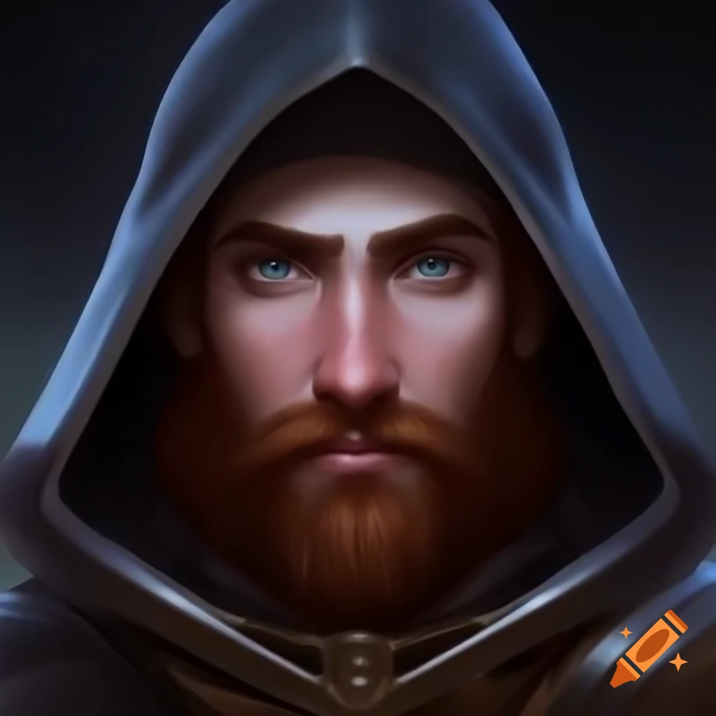 Portrait of a hooded young male mage with a beard on Craiyon