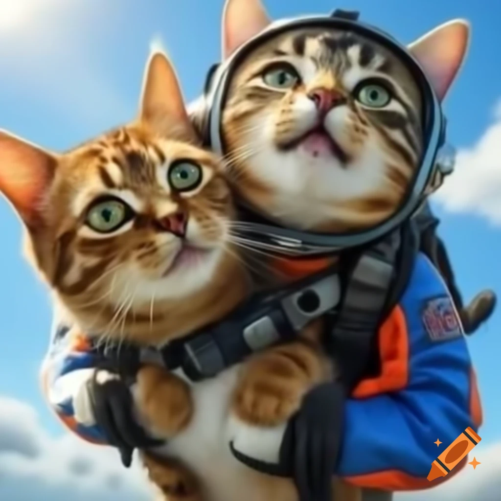 Two cats skydiving in a playful hug on Craiyon