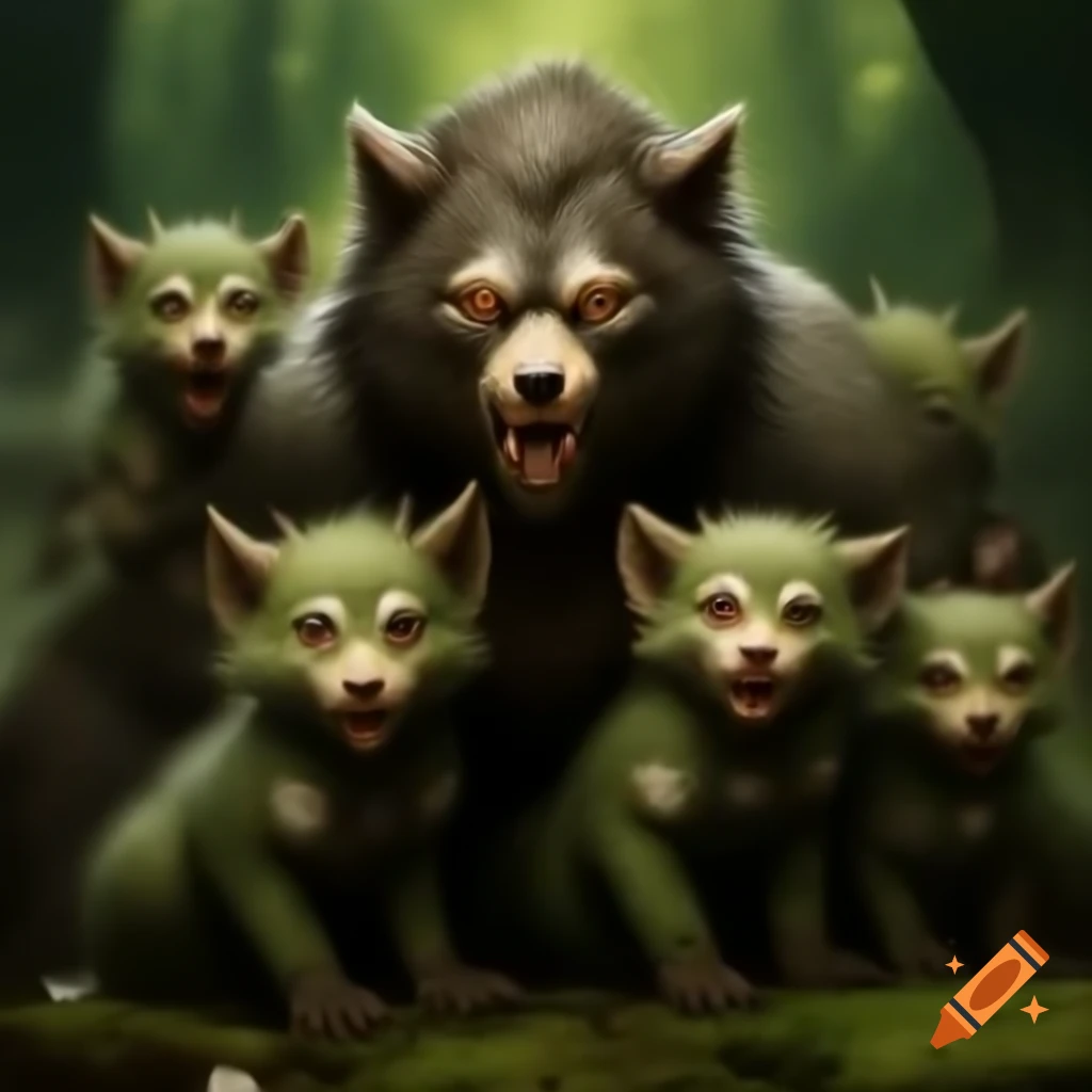 Anthro werewolf mother kneeling with pups in lush greenery, gazing with ...