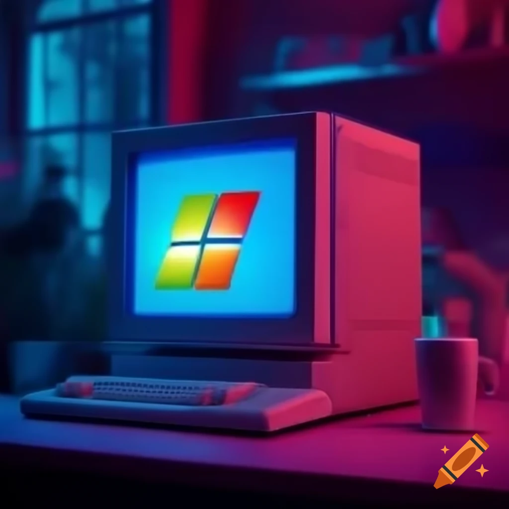 Vintage computer with Windows 95 logo, evoking mid-90s nostalgia on Craiyon