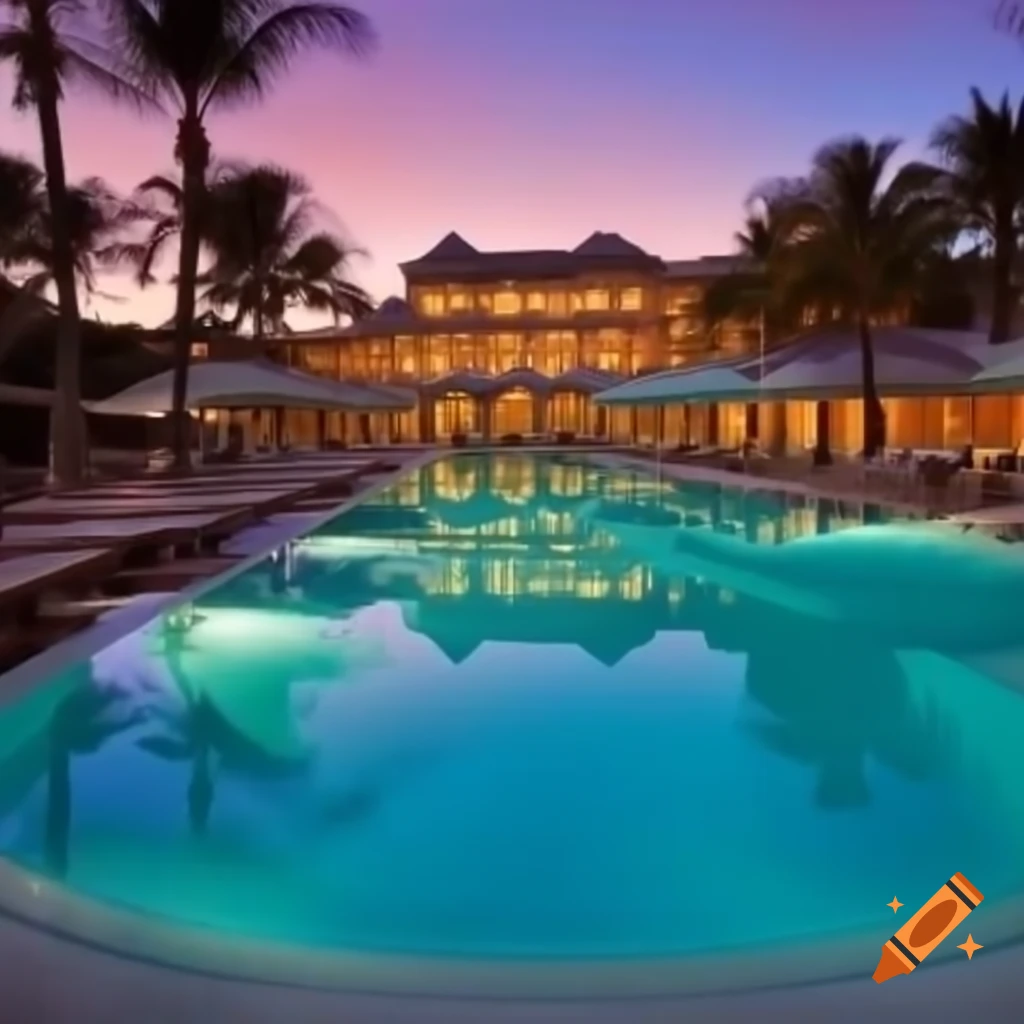 Lavish beachfront hotel with azure pool reflecting warm hues at sunset ...