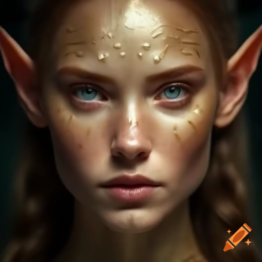 Female elf with golden scales shimmering on her face on Craiyon