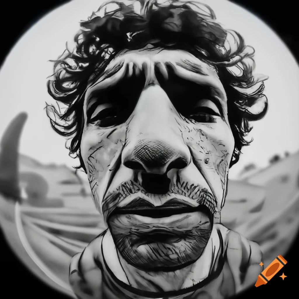 High contrast black and white line drawing of a rugged model with ...