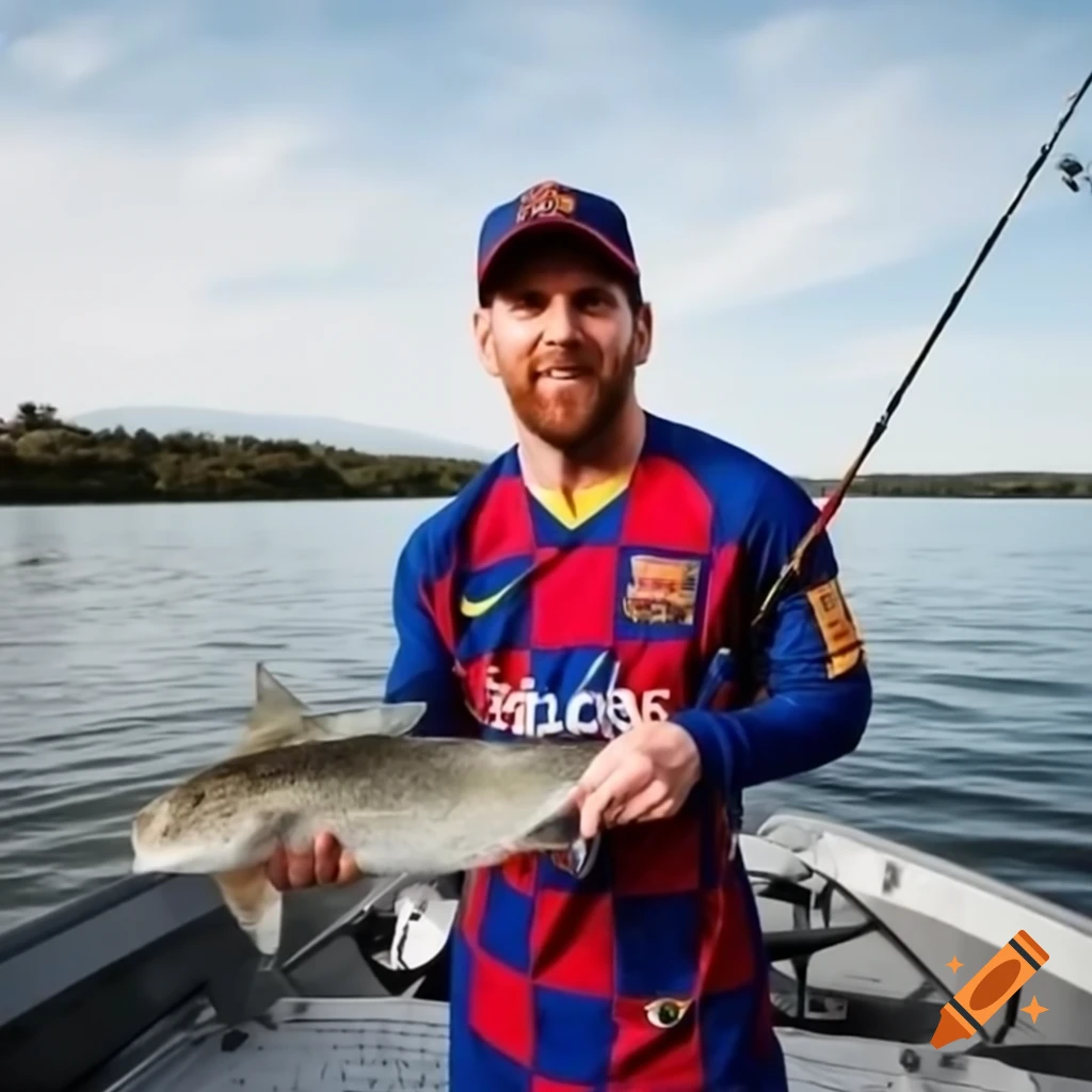 Lionel messi in barcelona kit fishing near a lake on Craiyon