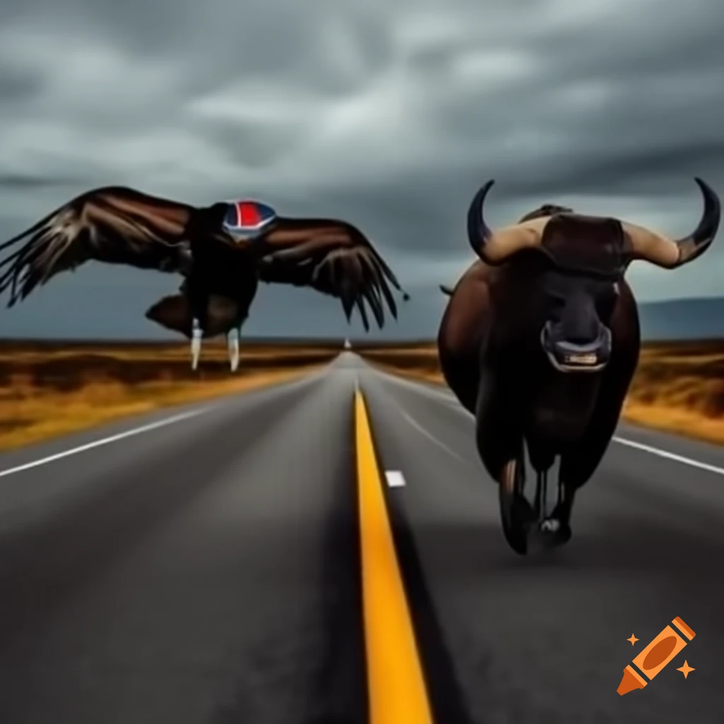 Condor and bull running on a highway on Craiyon