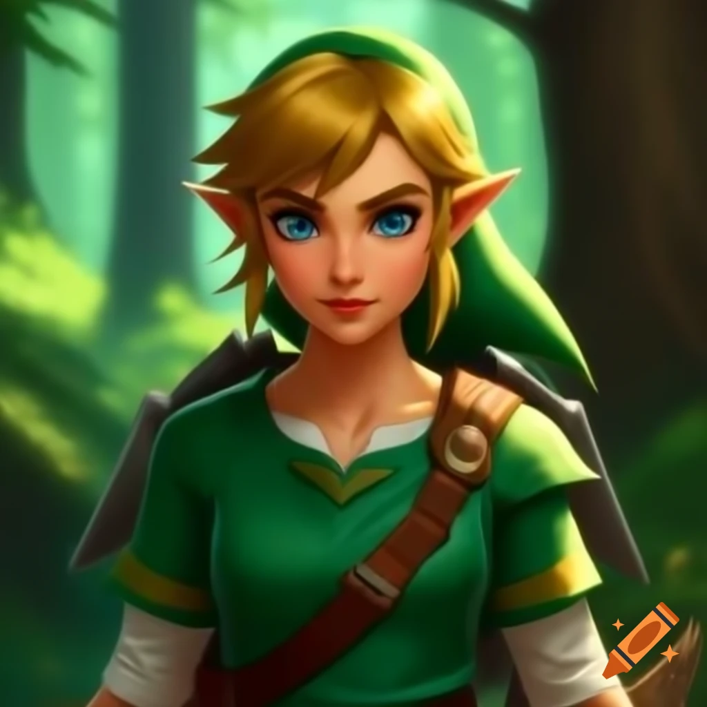 Female link from legend of zelda in forest with confident smile on Craiyon