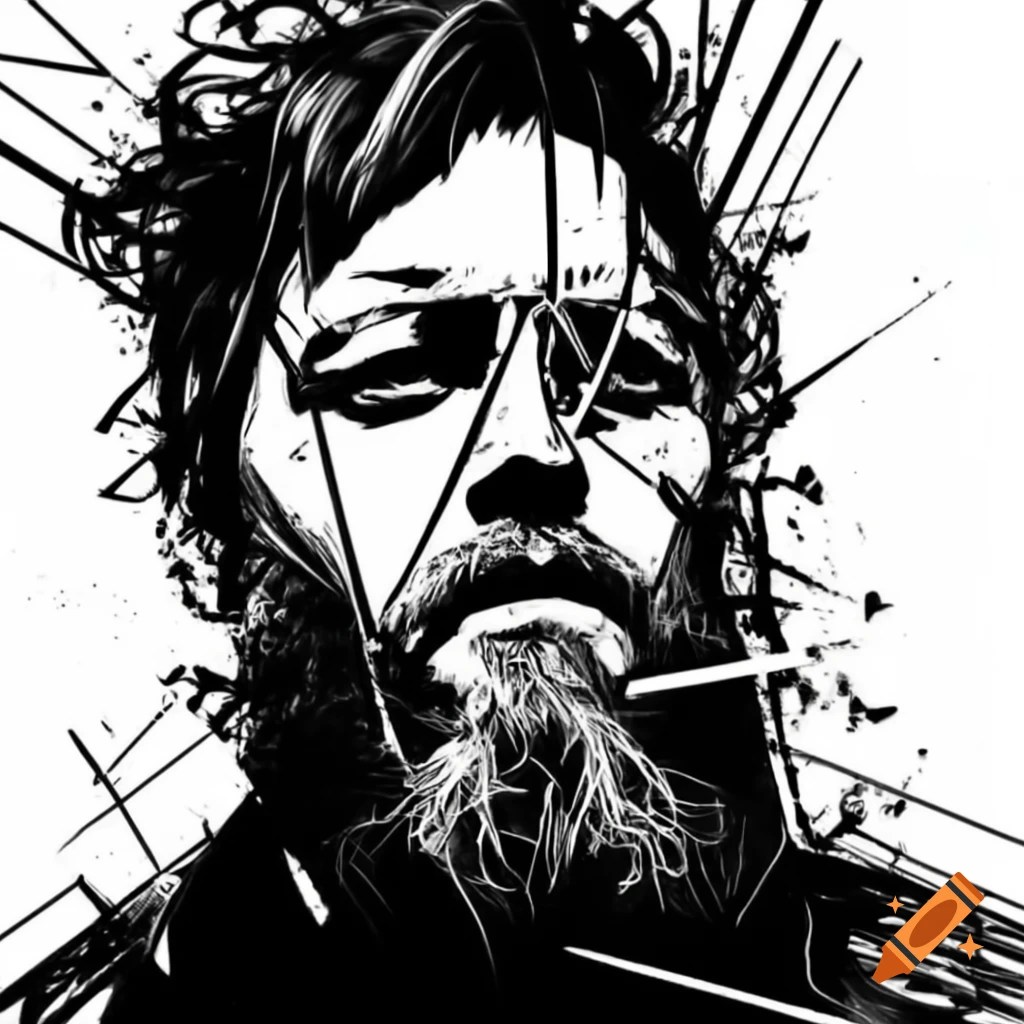 High contrast black and white line drawing of a rugged bearded man ...