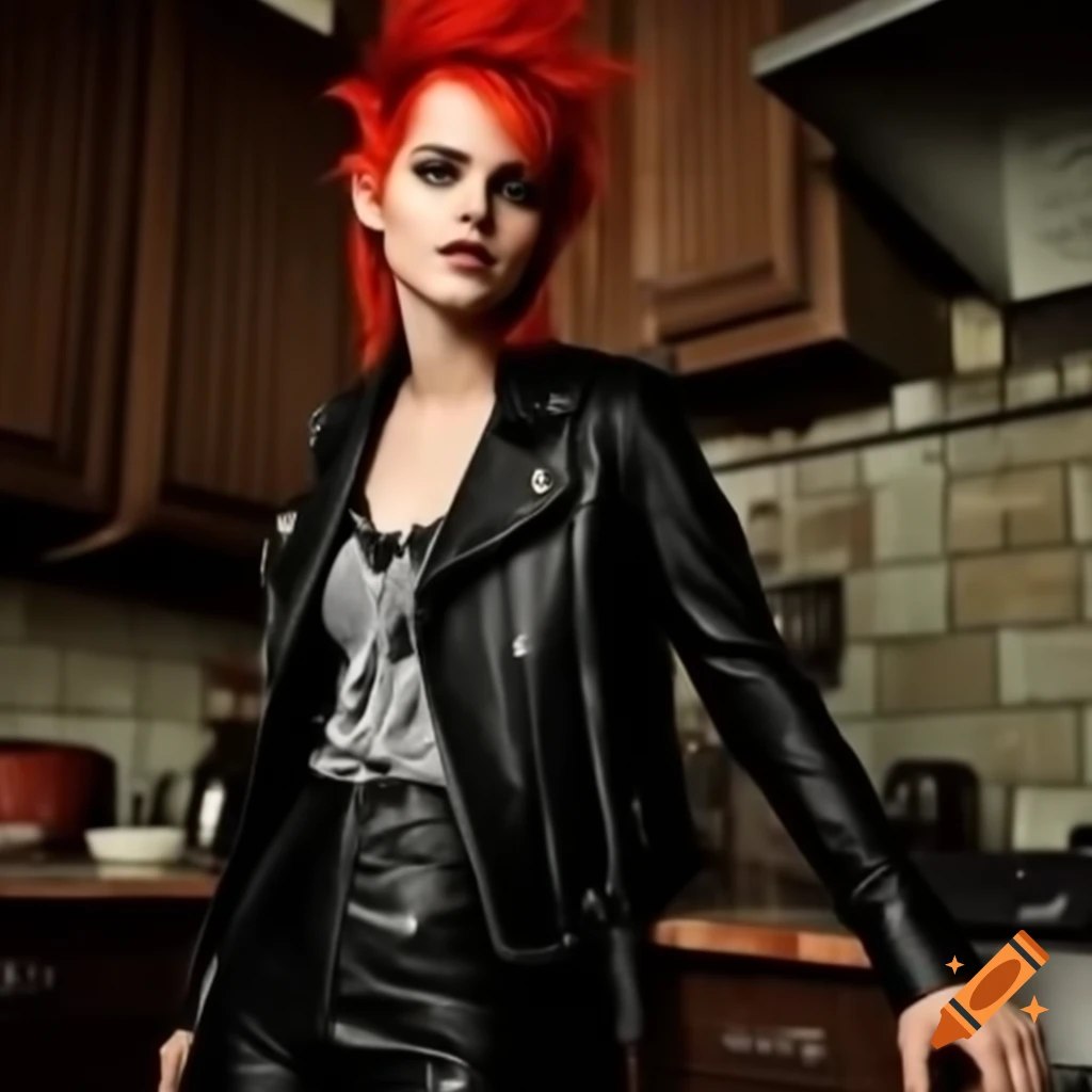 Close-up portrait of a model with punk-style red mohawk and black ...