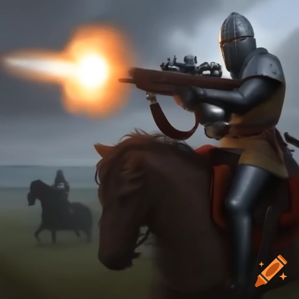Medieval knight on horseback using modern machine gun on Craiyon
