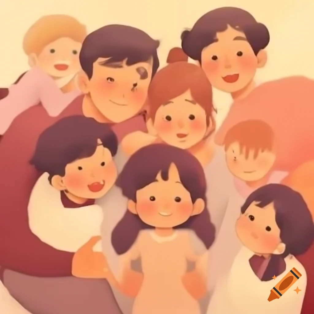 Loving anime family portrait with parents and six smiling children on ...